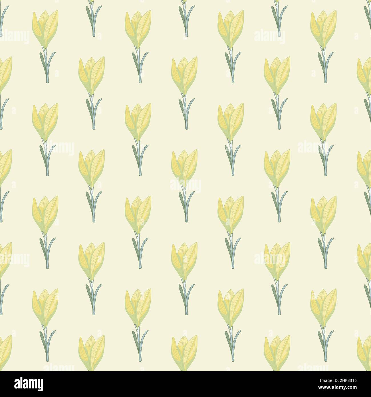 Yellow pale crocus flower shapes ornament seamless pattern. Light grey ...