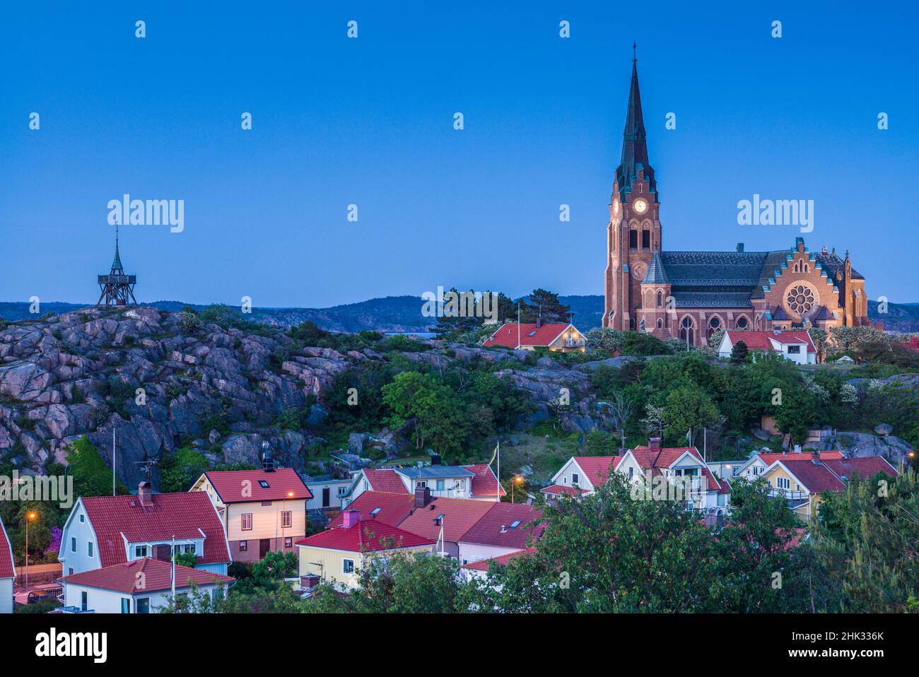 Sweden, Bohuslan, Lysekil, high angle view of the Lysekil church and town, dusk (Editorial Use ...