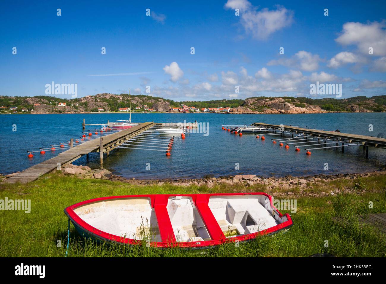 Sweden, Bohuslan, Bovallstrand, harbor view with boat Stock Photo - Alamy