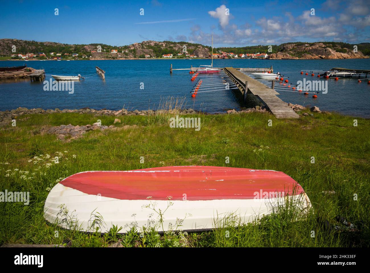 Sweden, Bohuslan, Bovallstrand, harbor view with boat Stock Photo - Alamy