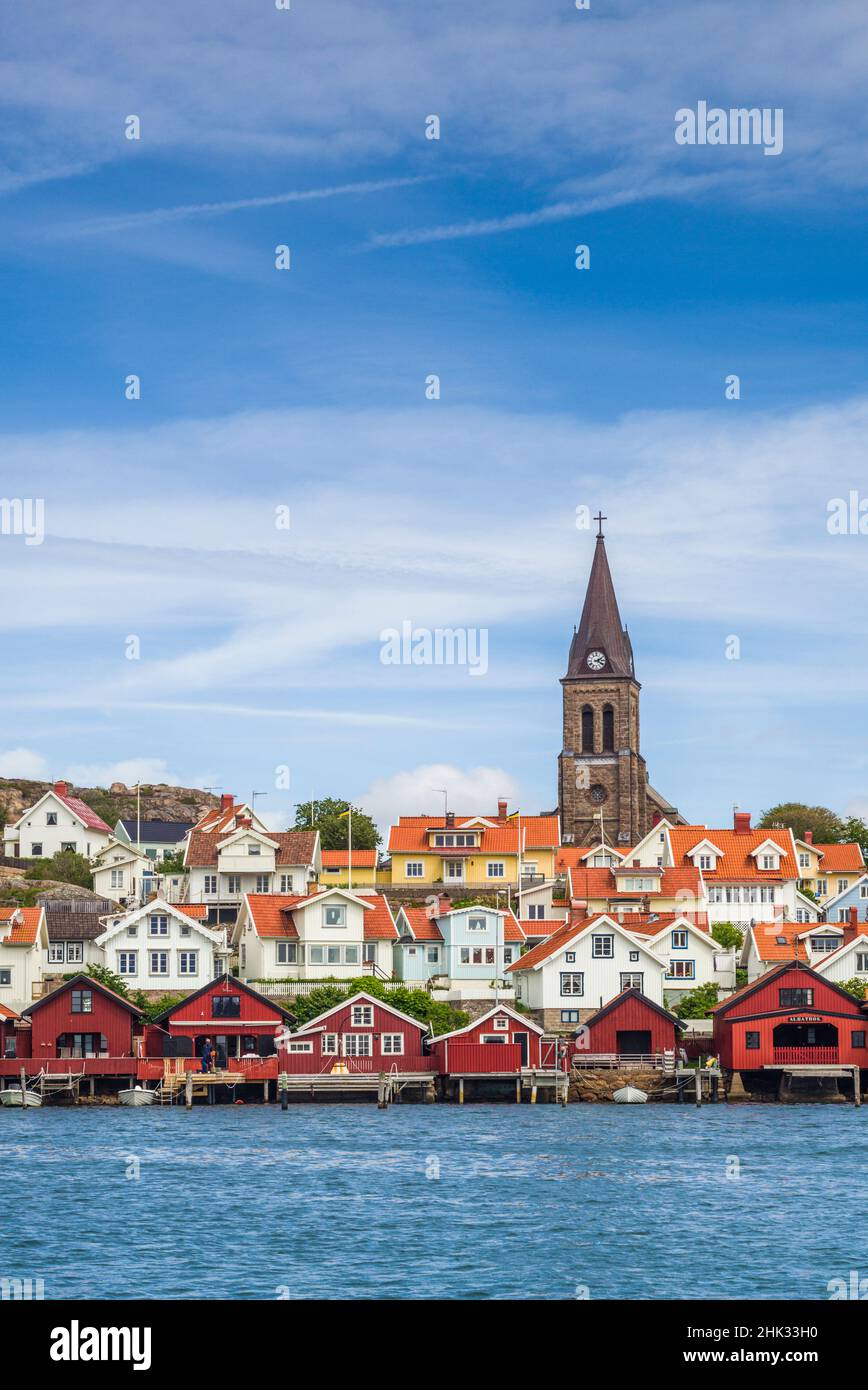 Sweden, Bohuslan, Fjallbacka, town church and port (Editorial Use Only Stock Photo - Alamy