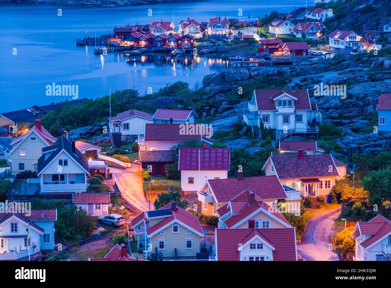 Sweden, Bohuslan, Fjallbacka, elevated town view from the Vetteberget cliff, dusk Stock Photo ...