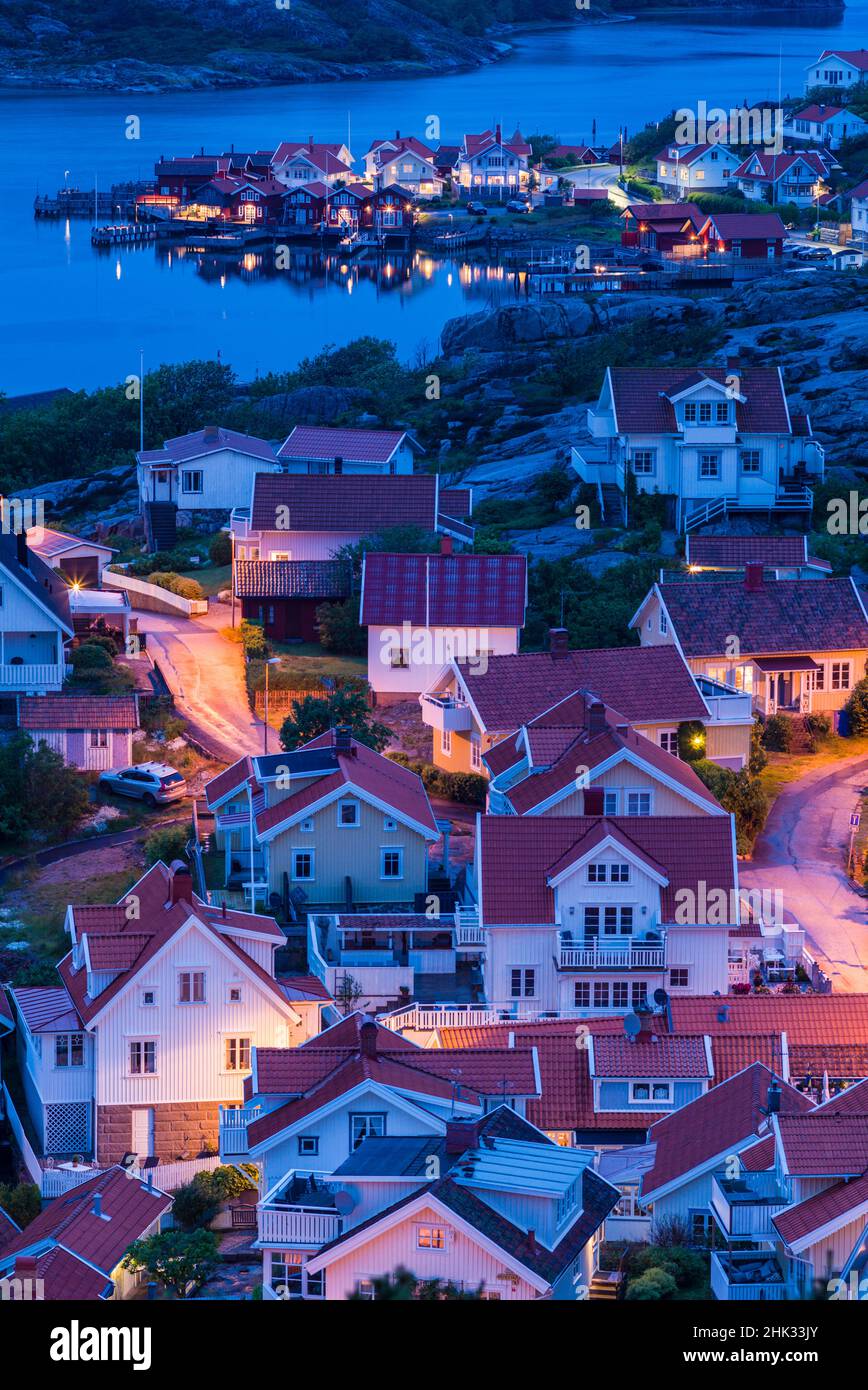 Sweden, Bohuslan, Fjallbacka, elevated town view from the Vetteberget cliff, dusk Stock Photo ...