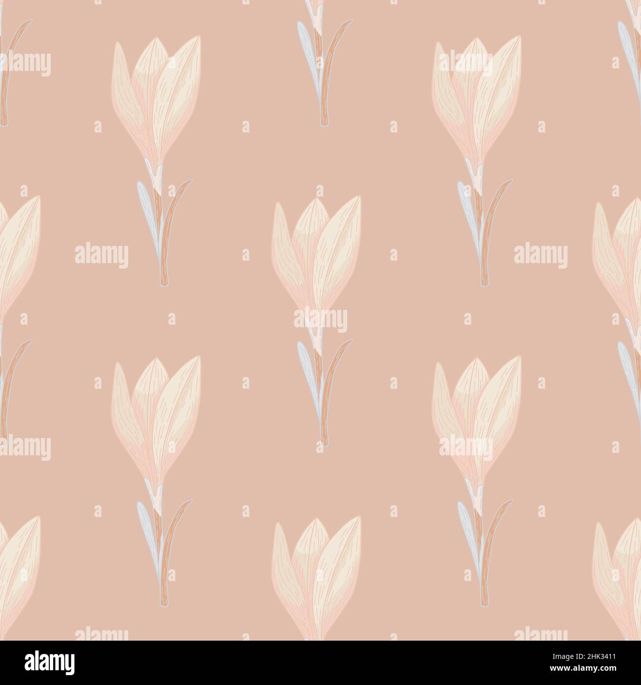 Pale pastel tones nature seamless pattern with outline crocus elements ...