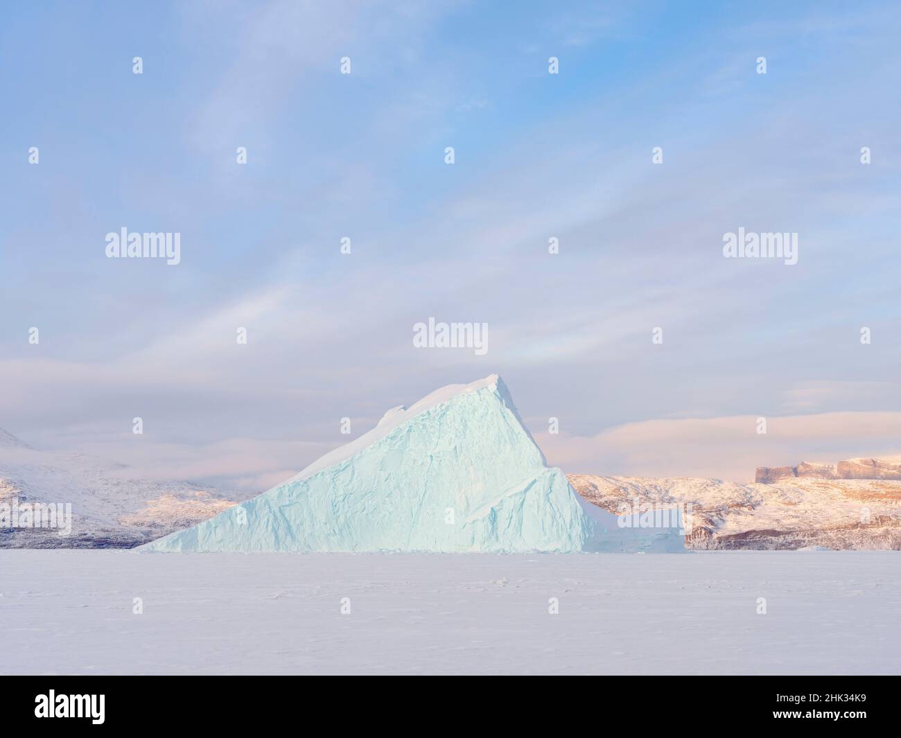 Icebergs in front of Storen Island, frozen into the sea ice of the ...