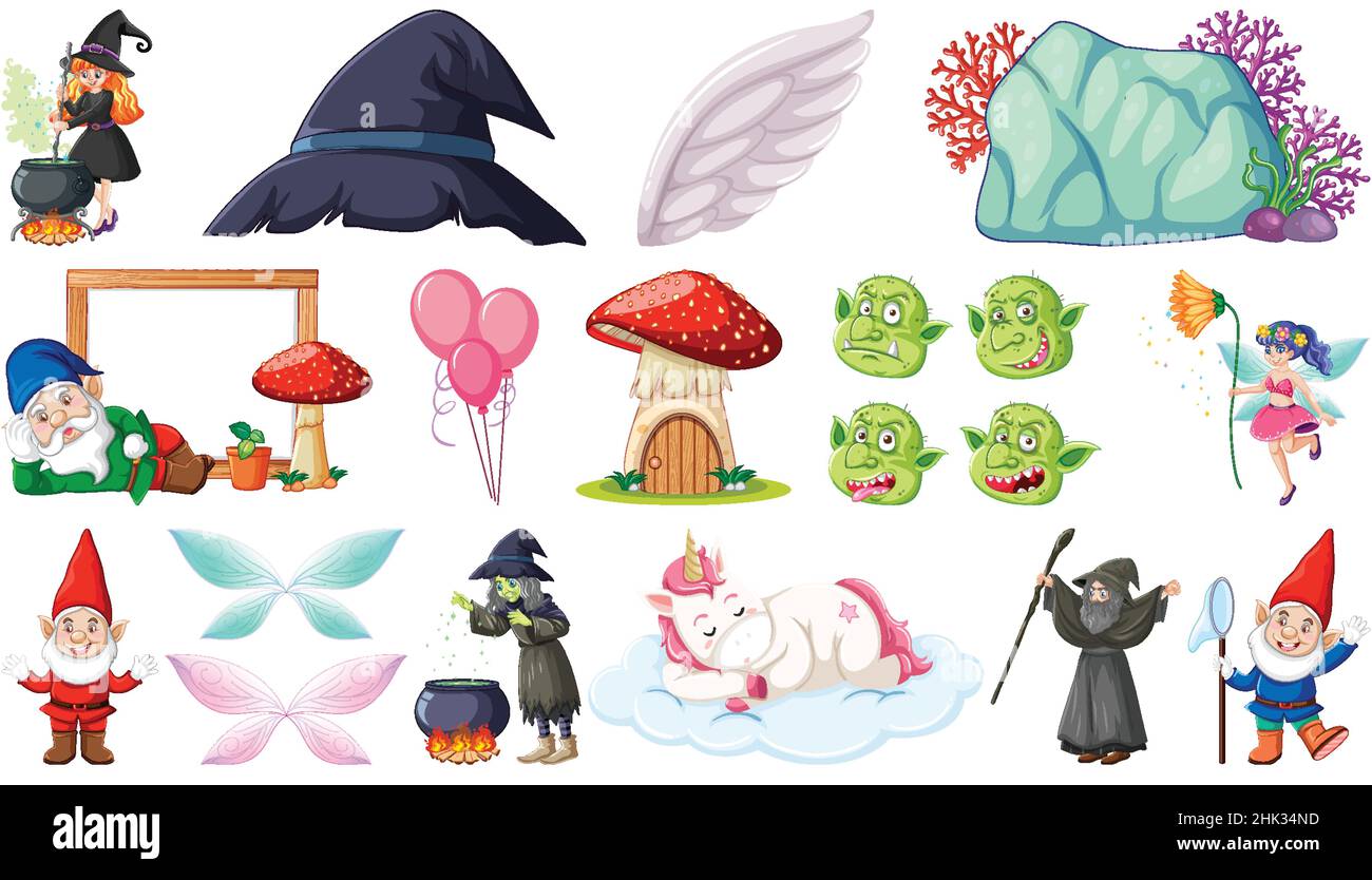 Set of fantasy fairy tale characters and elements illustration Stock ...
