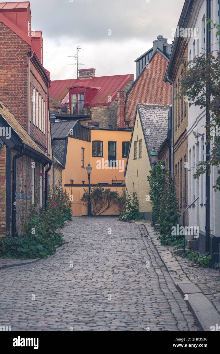 Cobblestoned street in medieval city center of university town Lund ...