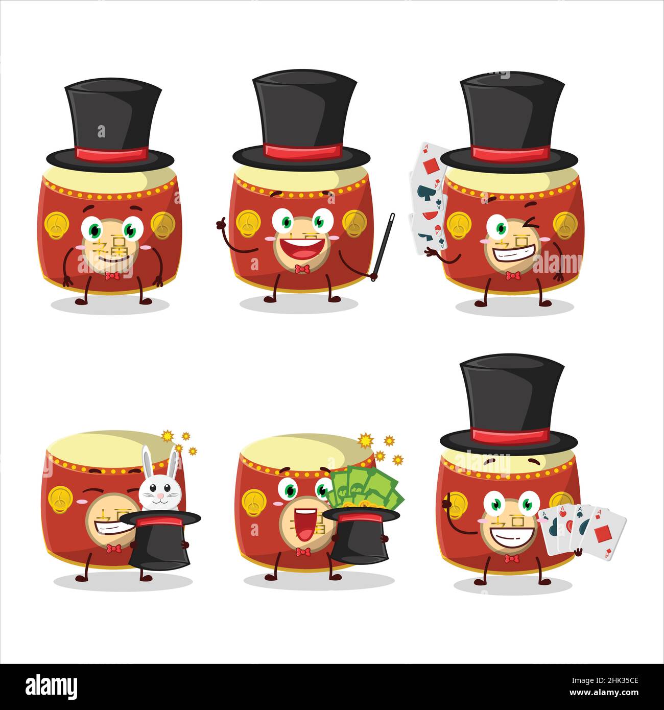 A red chinese drum Magician cartoon character perform on a stage ...