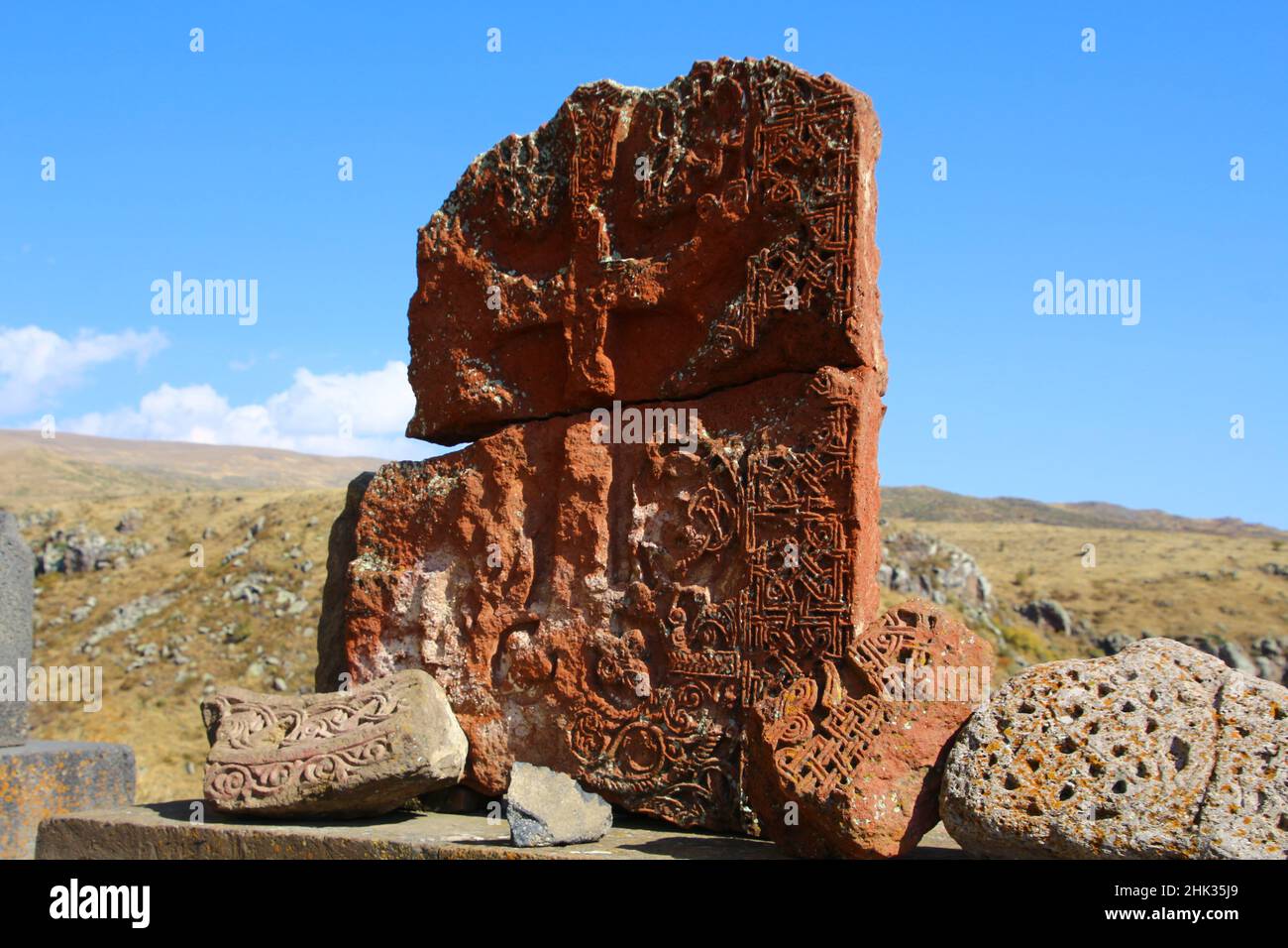 Cross stones at the entrance of Surb Astvatsatsin below Amberd Fortress ...