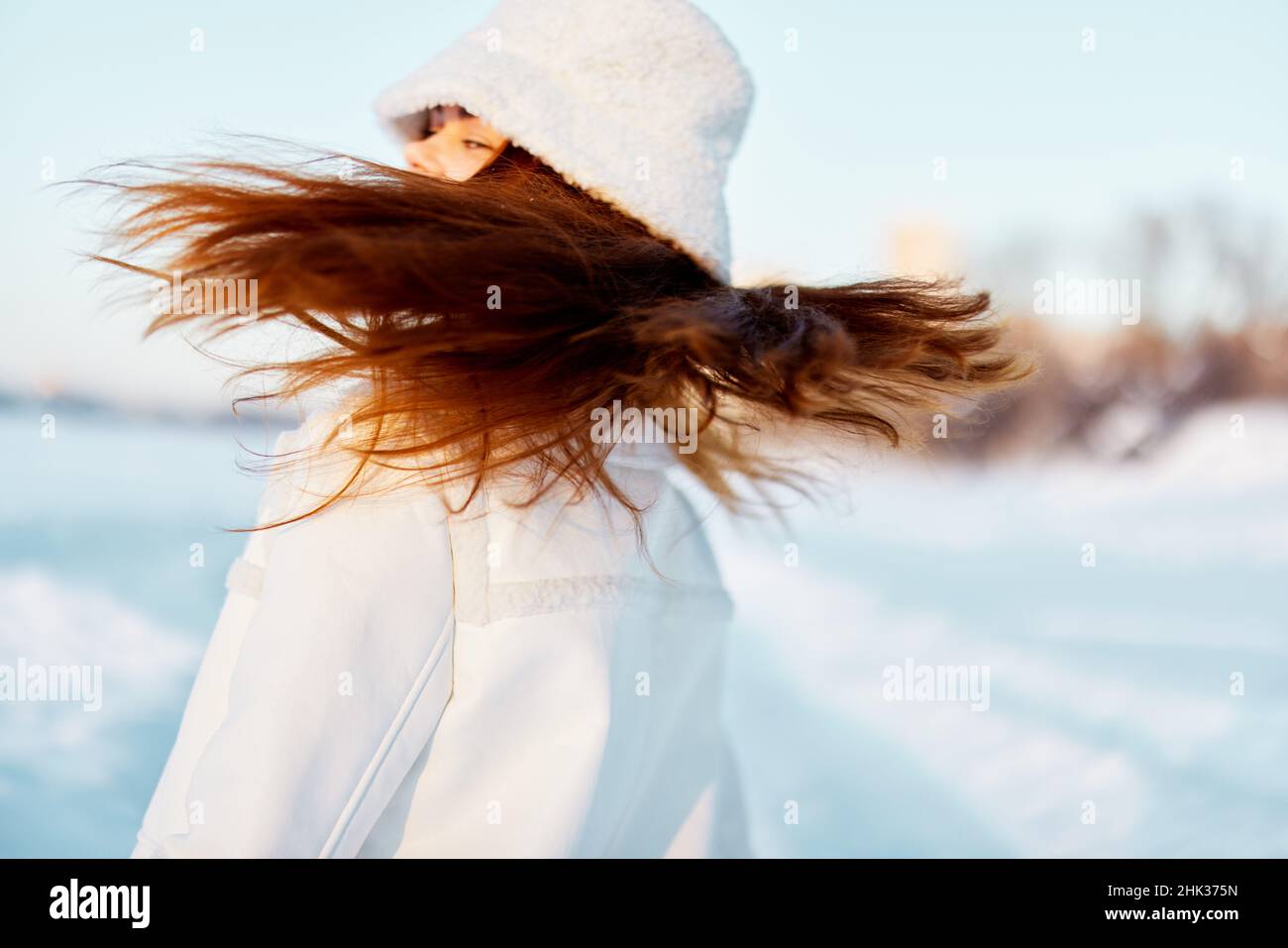 pretty woman winter weather snow posing nature rest travel Stock Photo ...