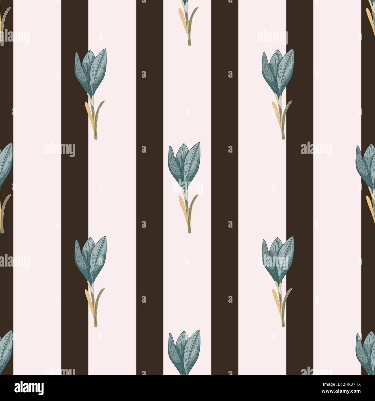 Decorative botanic seamless pattern with blue crocus flowers on striped ...
