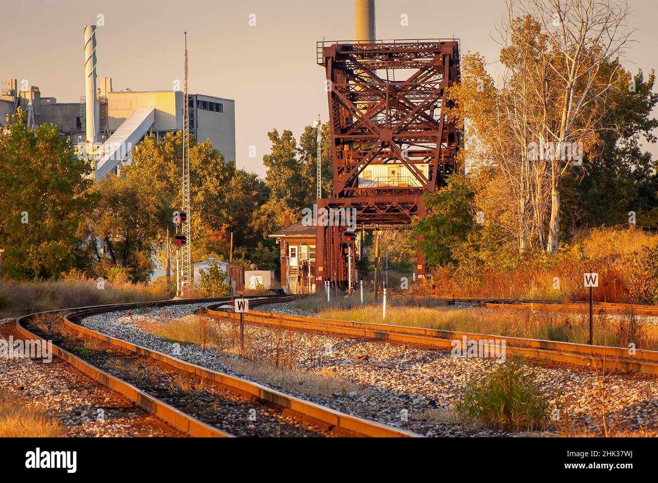 Railroad Tracks towards lift bridge over Detroit river channel Stock ...
