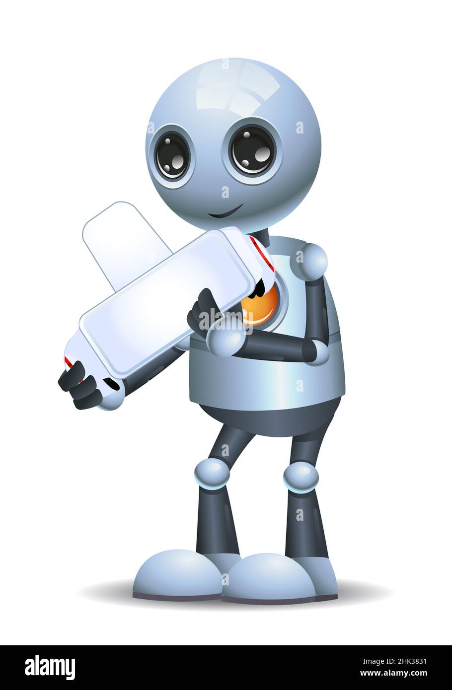 3d illustration of little robot hold and observe metaverse device on ...