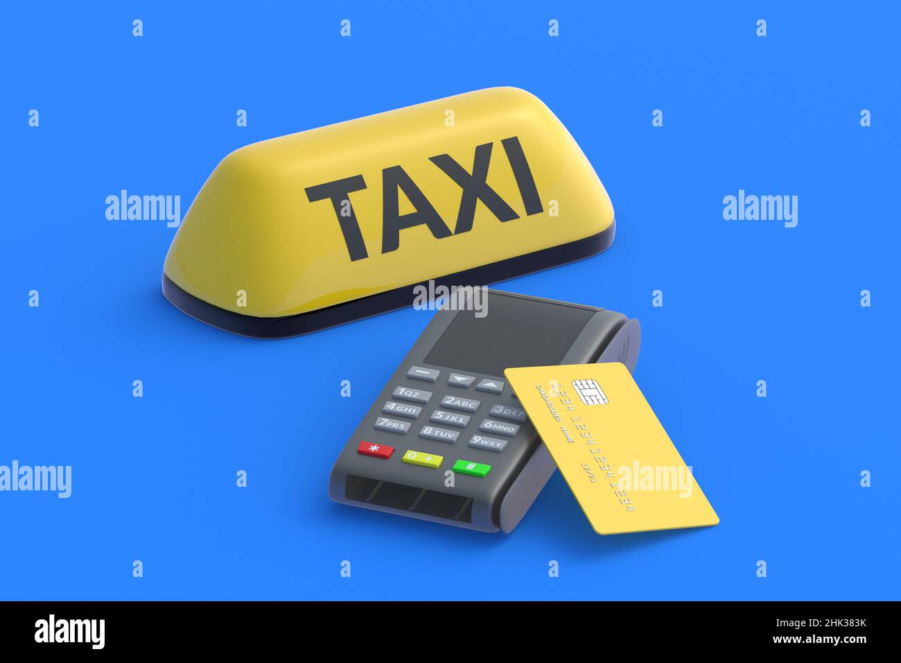 Yellow taxi sign near credit card and cash register. Payment for ...