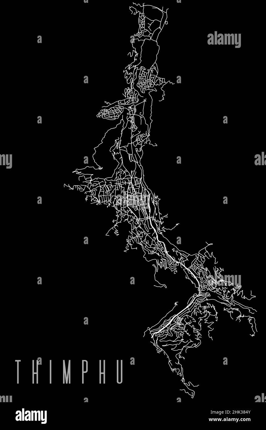 Thimphu city province vector map poster. Capital of Bhutan municipality square linear road map ...