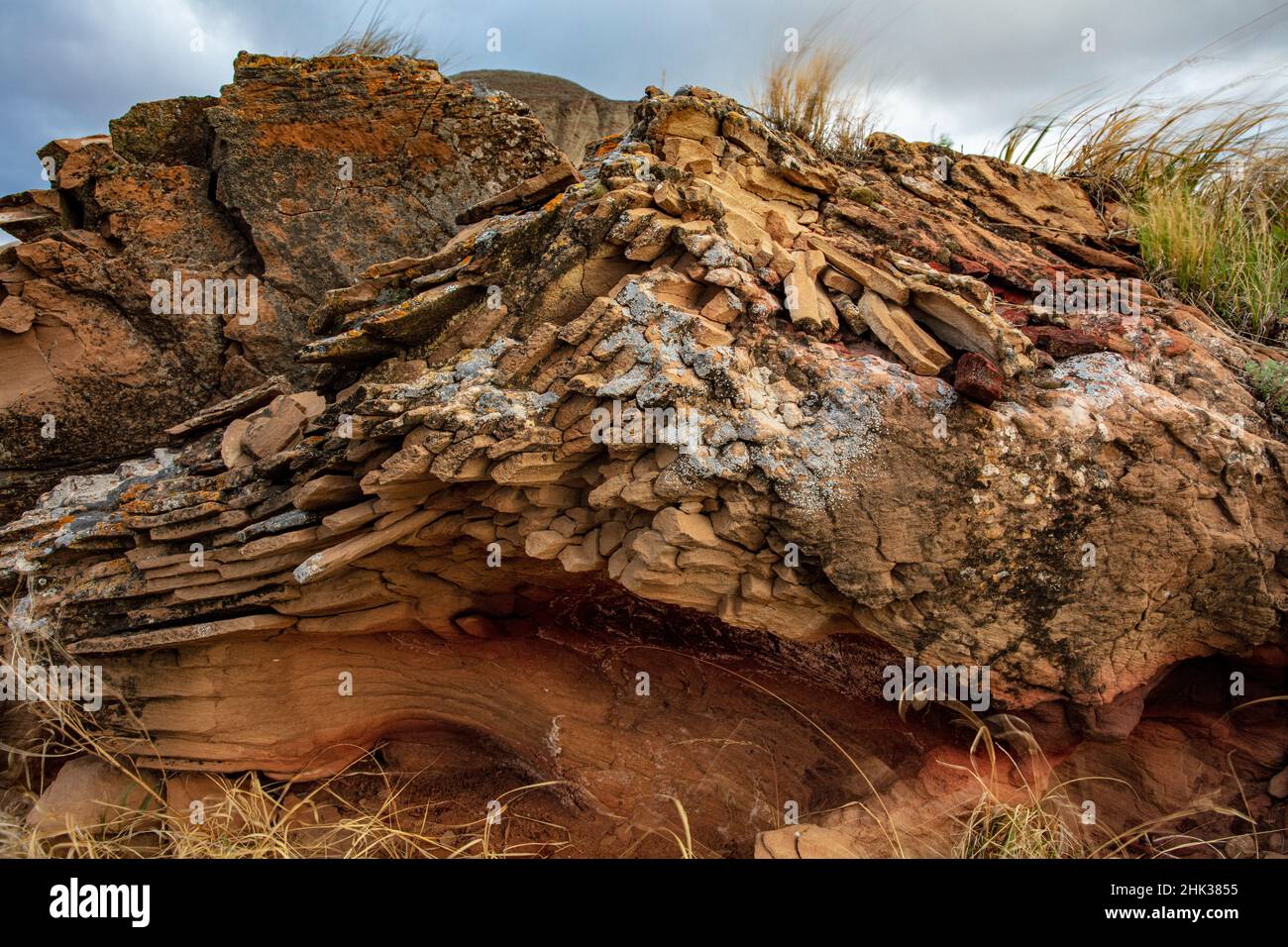 Sandstone layers in rock and badlands formations in Theodore Roosevelt ...