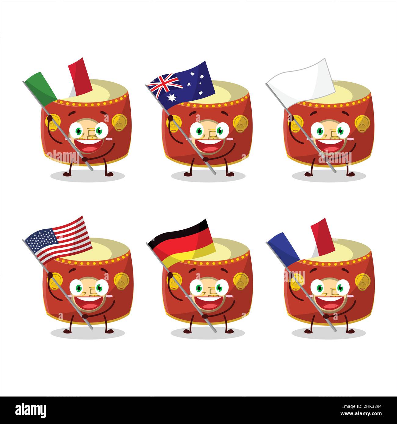 Red Chinese Drum Cartoon Character Bring The Flags Of Various Countries