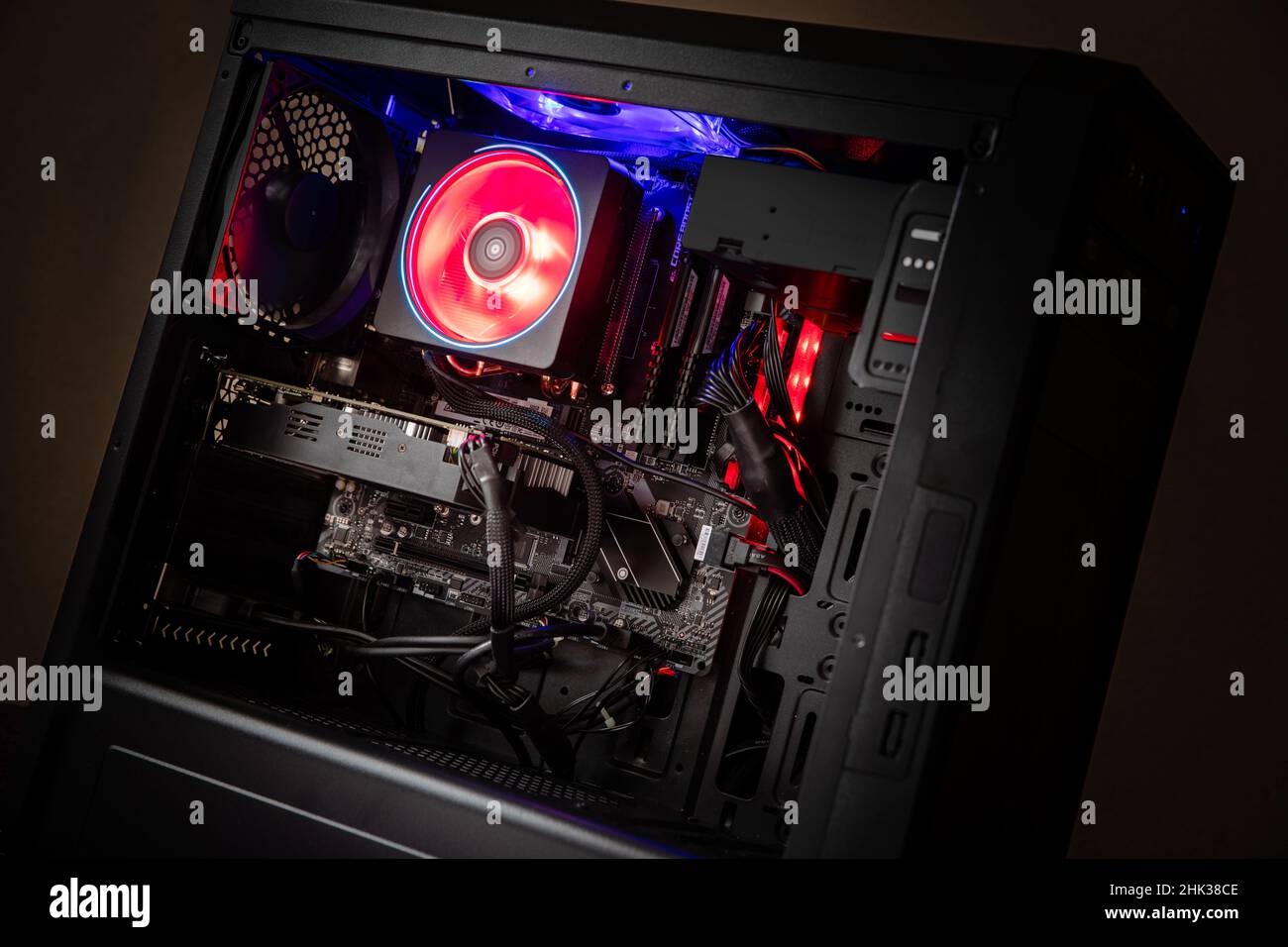 Inside of a gaming computer with LED lights Stock Photo - Alamy