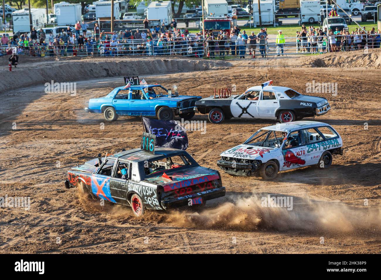 Burnet, Texas, USA. Competitors in the county fair demolition derby in ...