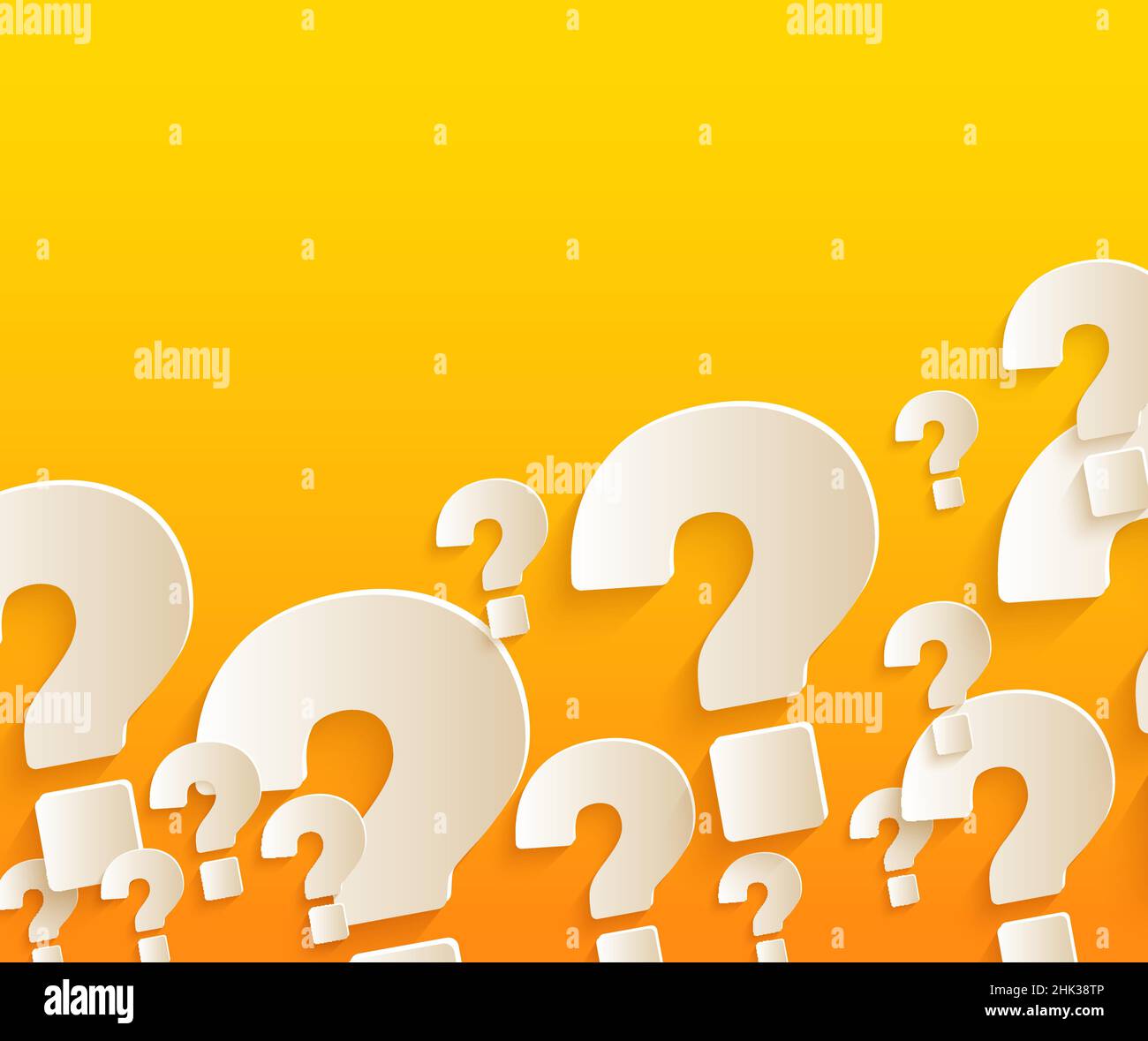 There are a lot of paper question marks, large and small, on bright ...