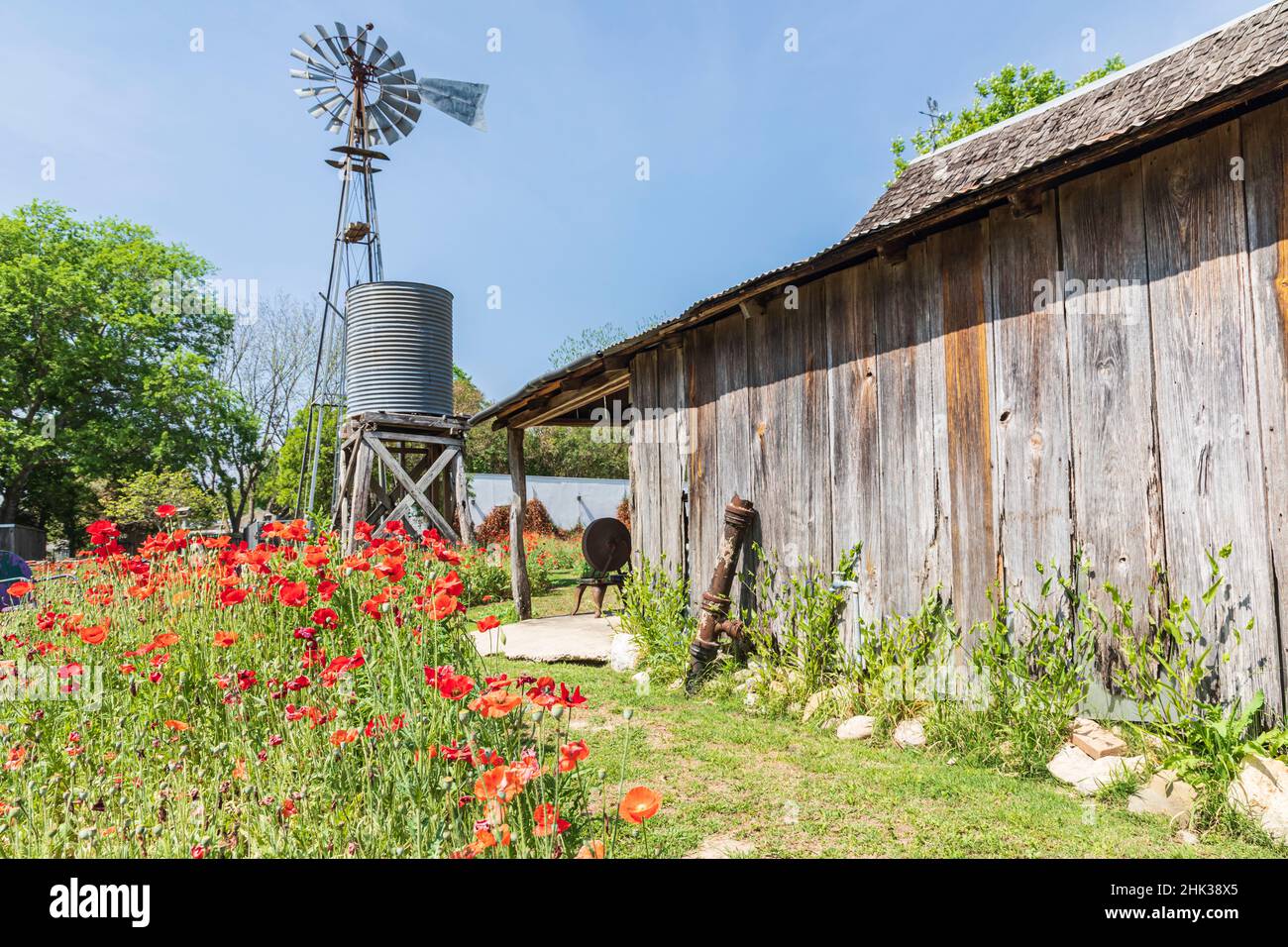 Castroville, Texas, USA. Water tank and windmill in the Texas Hill ...