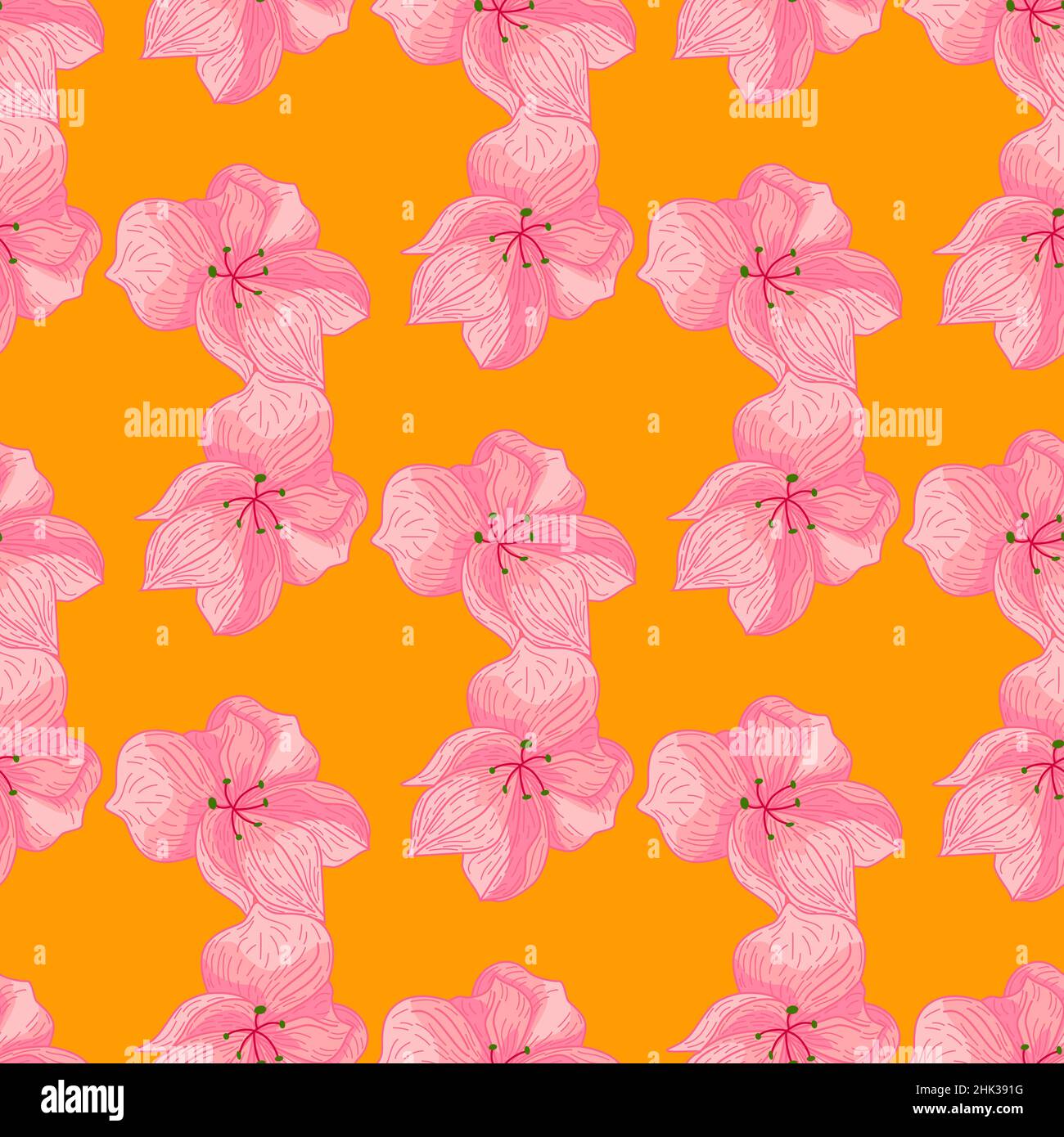 Vintage botanic seamless pattern with random pink flowers outline ...