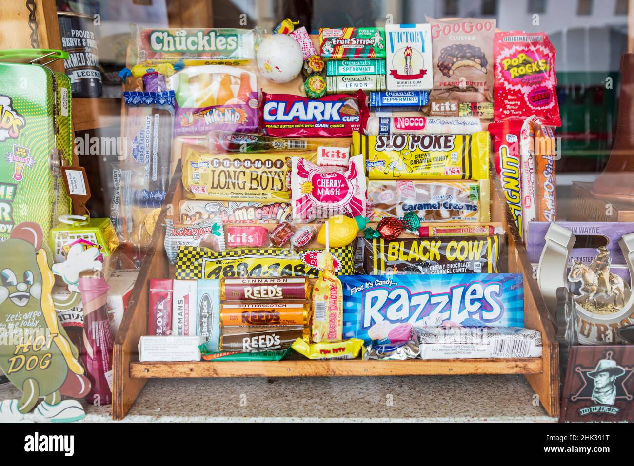 Fredericksburg, Texas, USA. Candy in a storefront window in the Texas ...