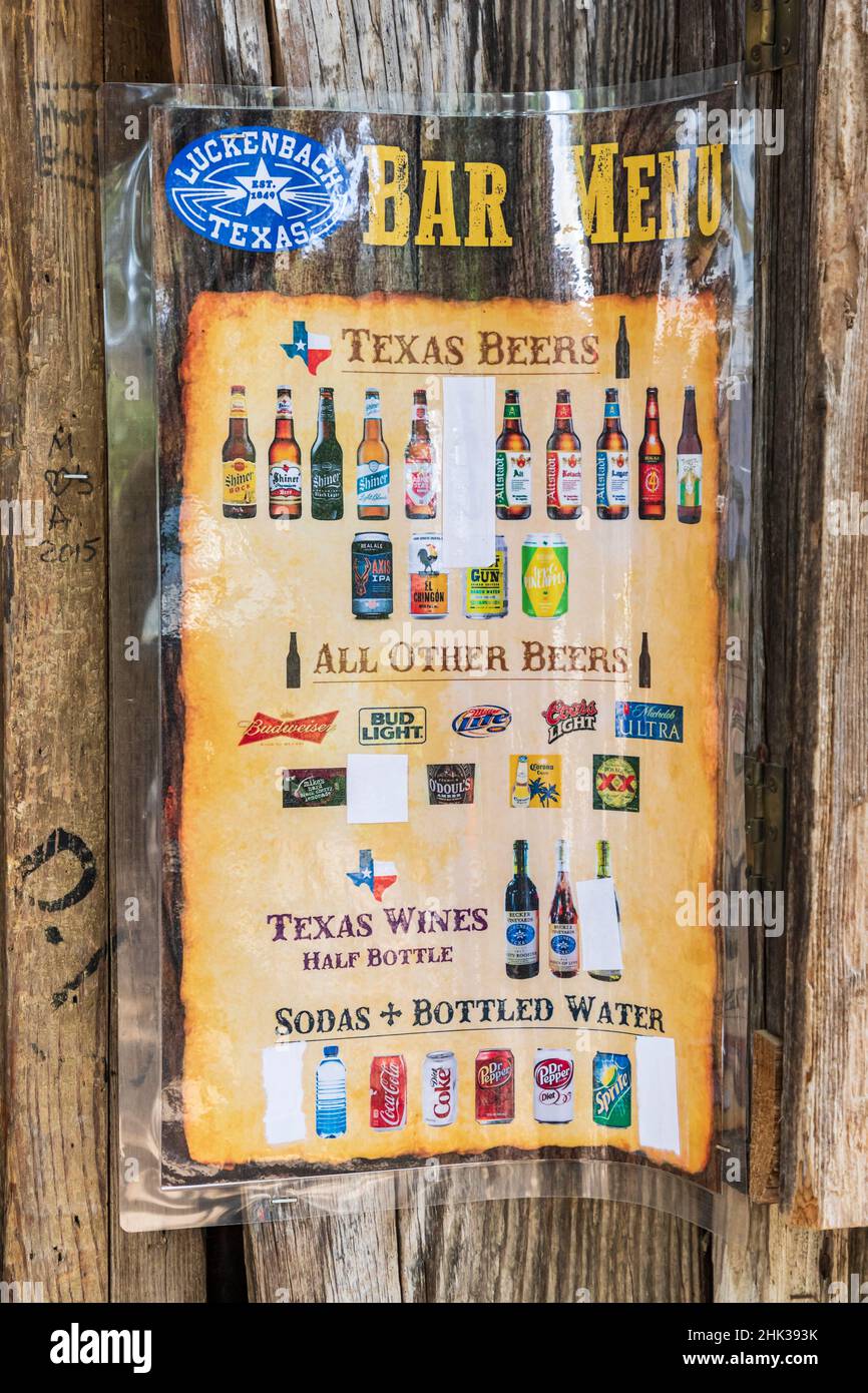 Luckenbach, Texas, USA. Bar menu outside a saloon in Luckenbach, Texas ...