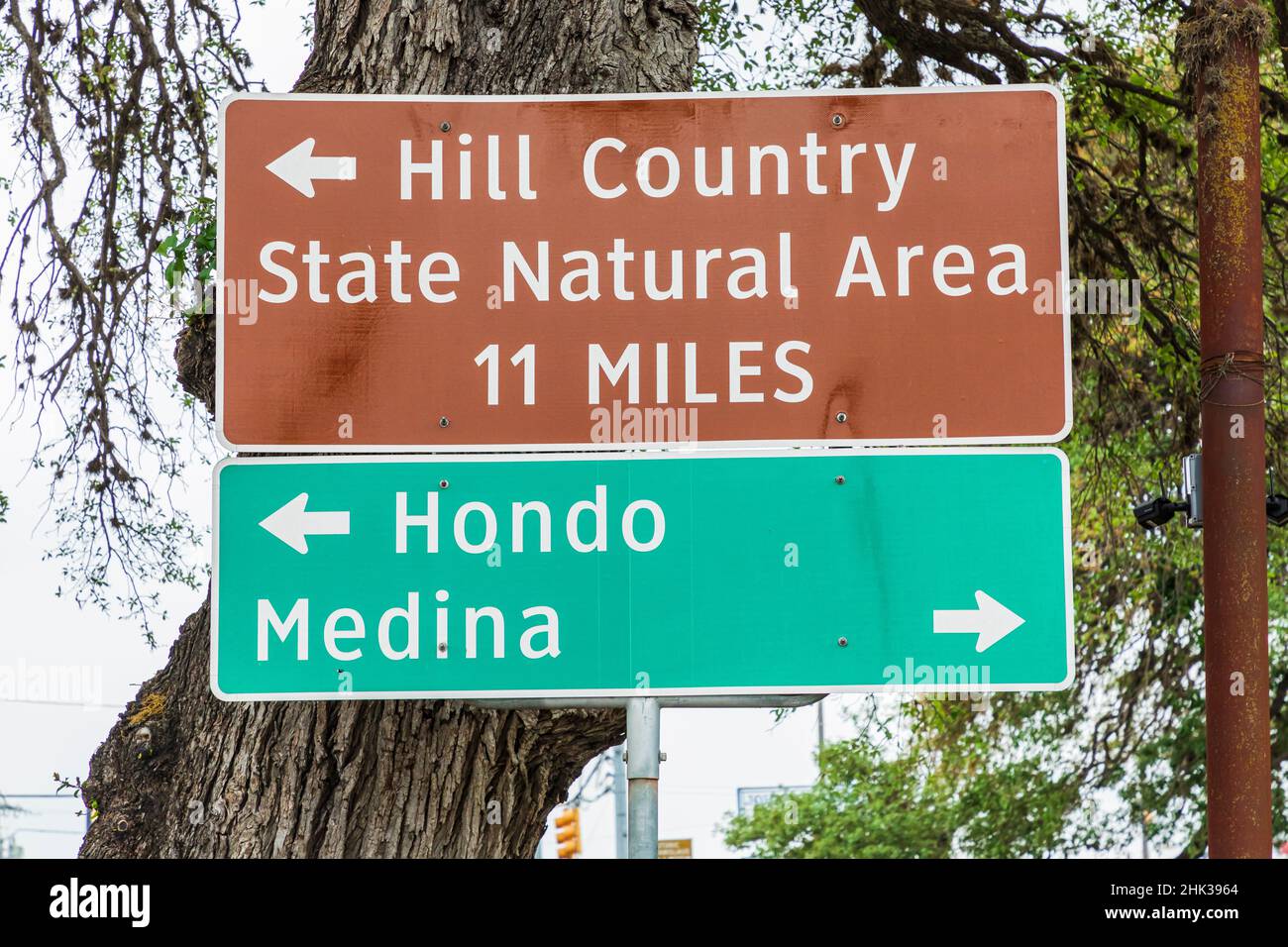 Bandera, Texas, USA. Road signs in the Texas Hill Country Stock Photo ...