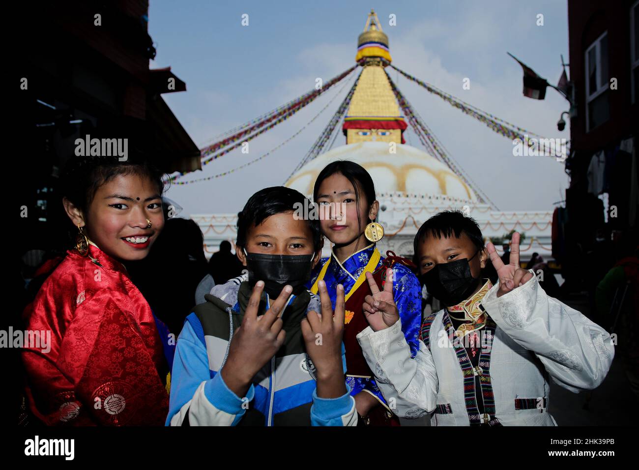 Bhaktapur, Bagmati, Nepal. 2nd Feb, 2022. Group of people donned in ...