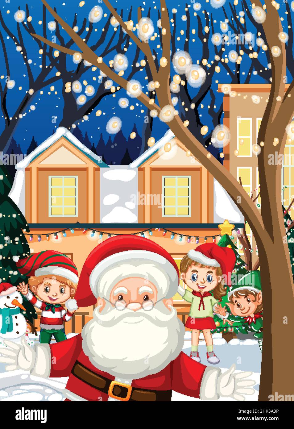 Christmas winter scene with Santa Claus and children illustration Stock ...