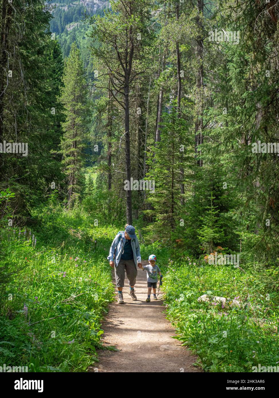USA, Wyoming. Grandmother and grandchild on nature walk, hiking trail ...