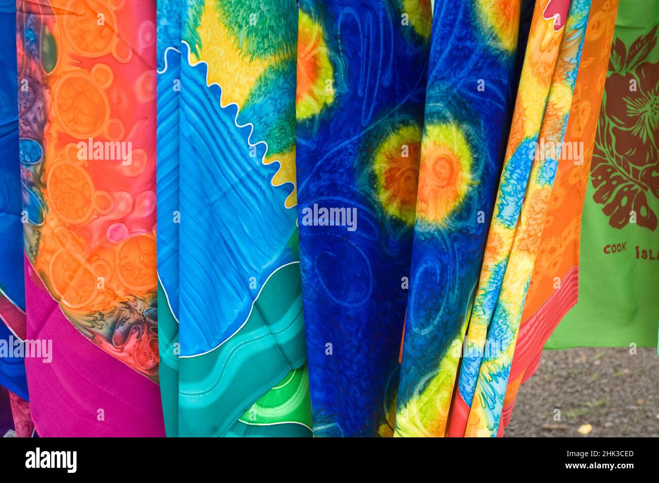 Cook Islands, Rarotonga. Batik cloth Punanga Nui Cultural market Stock ...