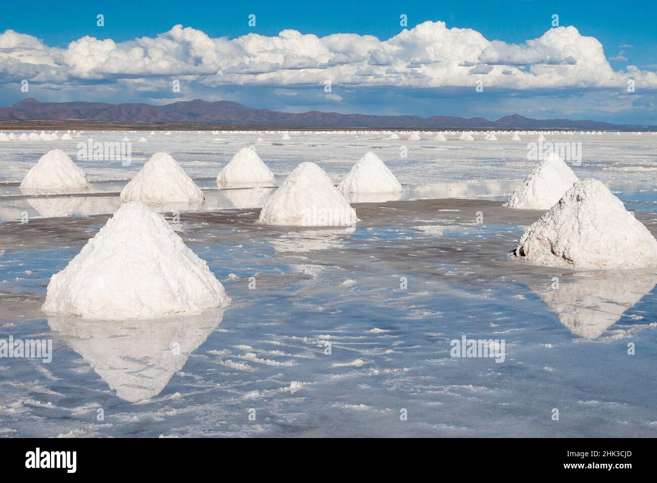 Bolivia, Uyuni, Salar de Uyuni. Cones of salt have been scraped up so ...