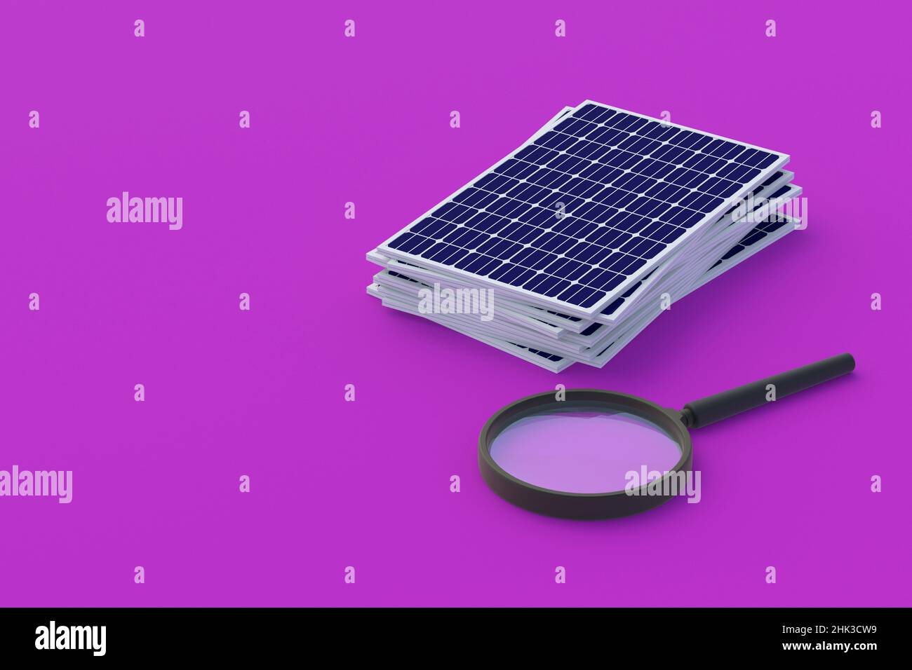 Heap of solar panels near magnifier. Research of photovoltaic elements ...