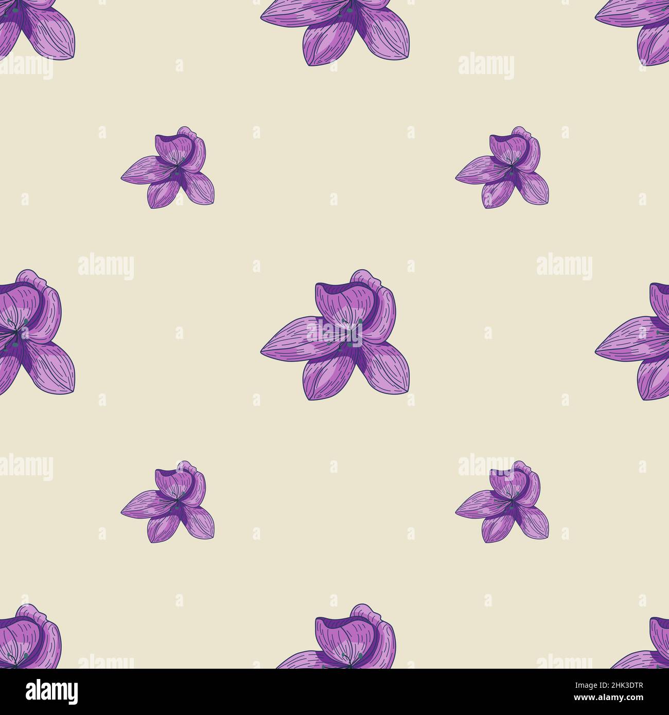 Hand drawn nature seamless pattern with purple outline flower elements ...