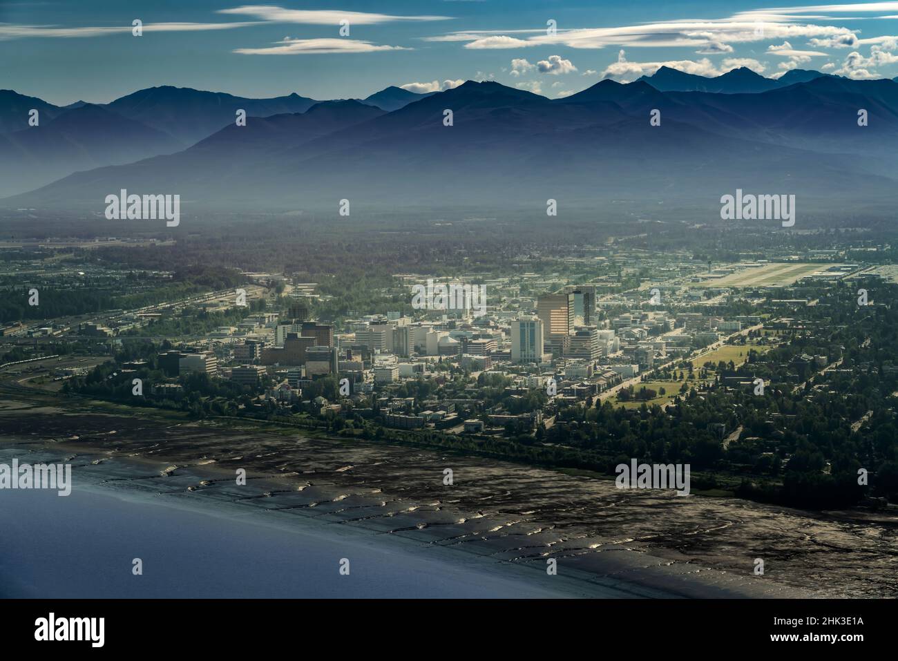 Alaska, Anchorage. Aerial of city and mountains Stock Photo - Alamy