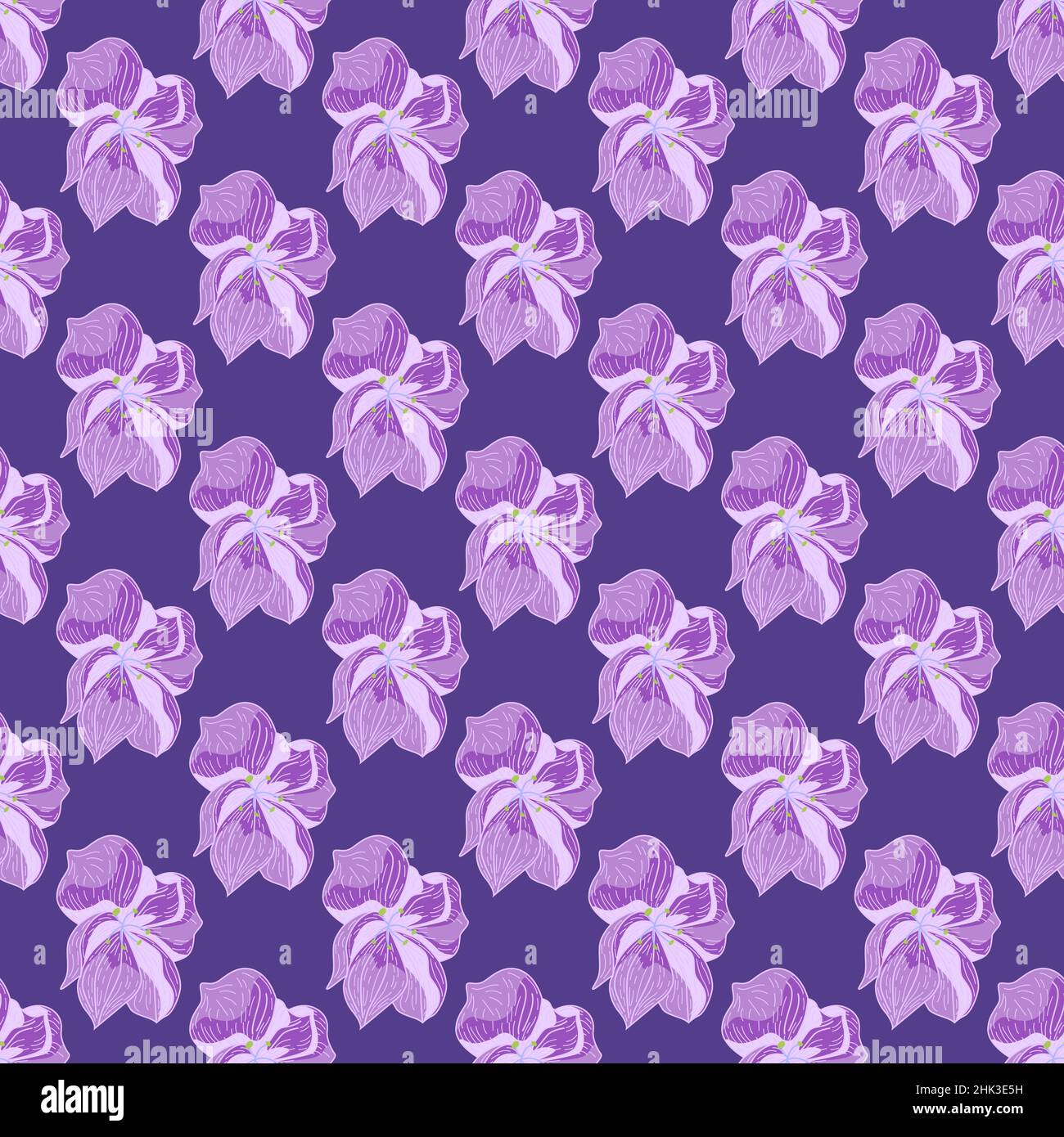 Purple outline flower elements seamless doodle pattern in hand drawn ...