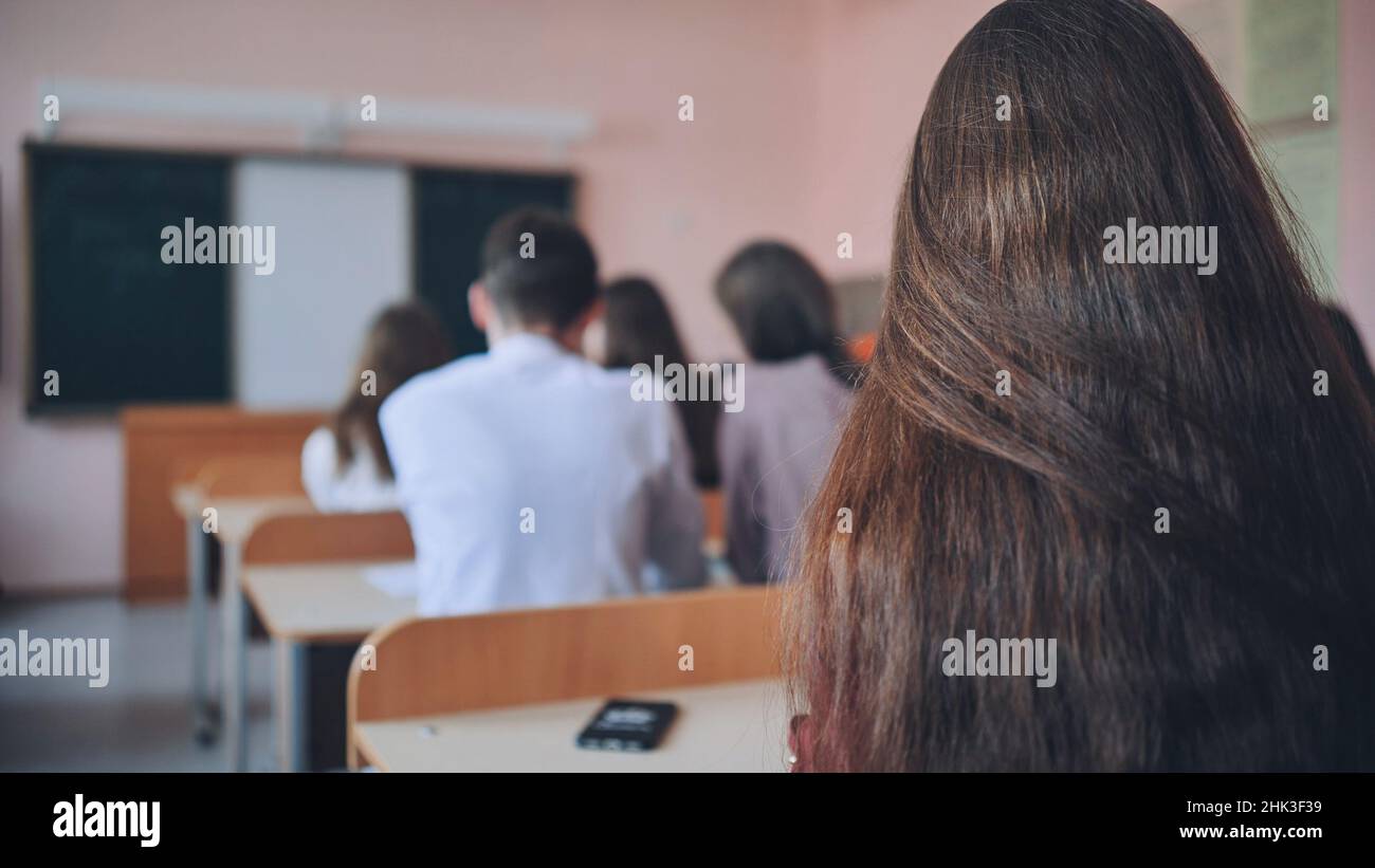 Pupils of the 11th grade in the class at the desks during the lesson ...