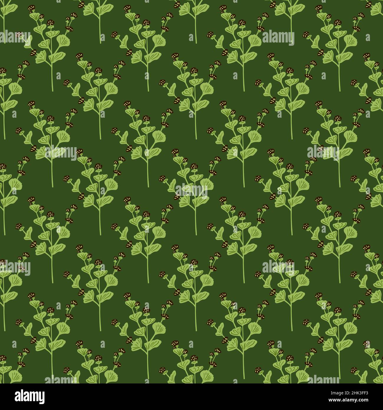 Botanic seamless pattern with green wildflowers shapes. Dark background. Floral botanic print ...