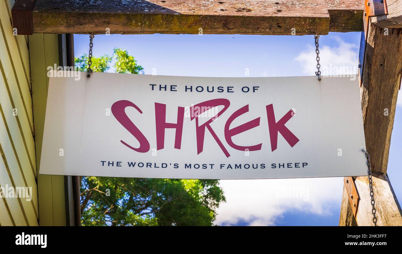 Shrek the famous sheep sign, Tarras Country Store, Otago, South Island ...