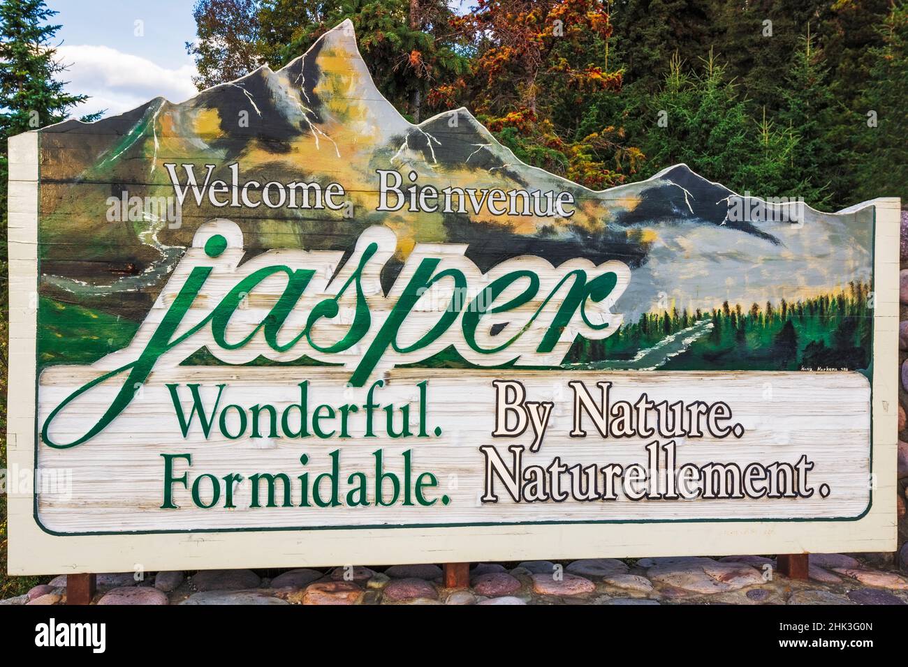 Town welcome sign, Jasper National Park, Alberta, Canada. (Editorial ...