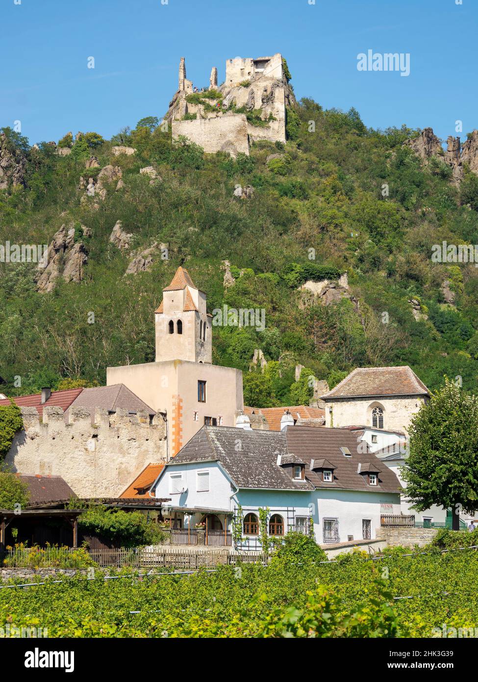 Old town and castle ruin. Historic town Durnstein located in wine ...