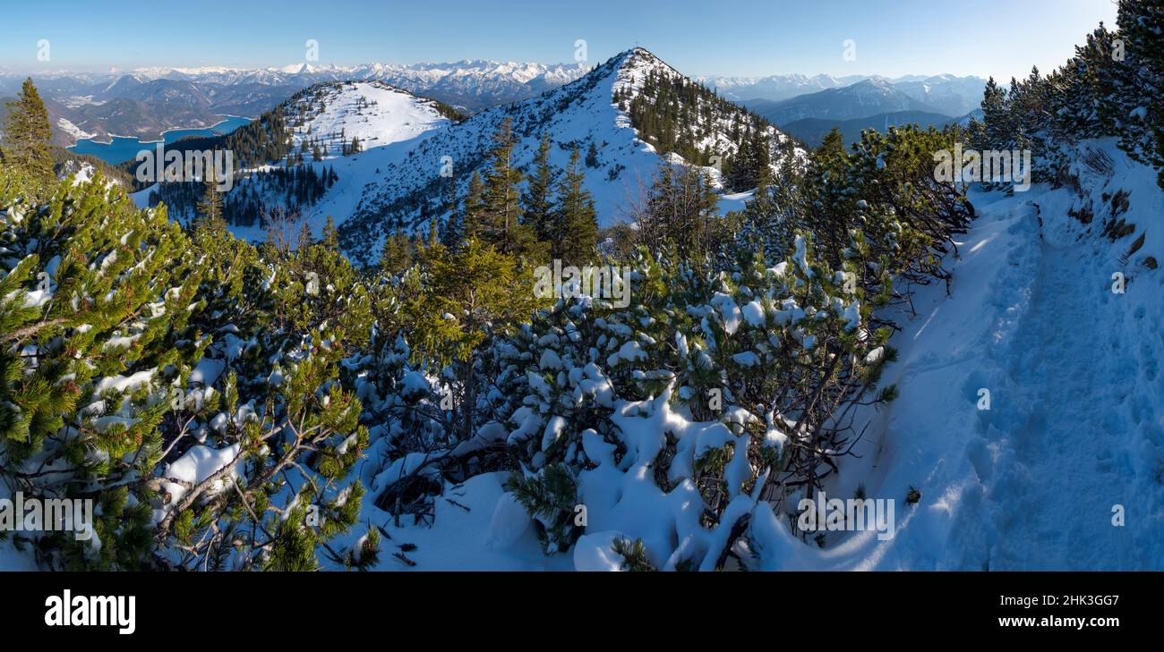 View towards lake Walchensee and Karwendel mountain range. View from Mt ...