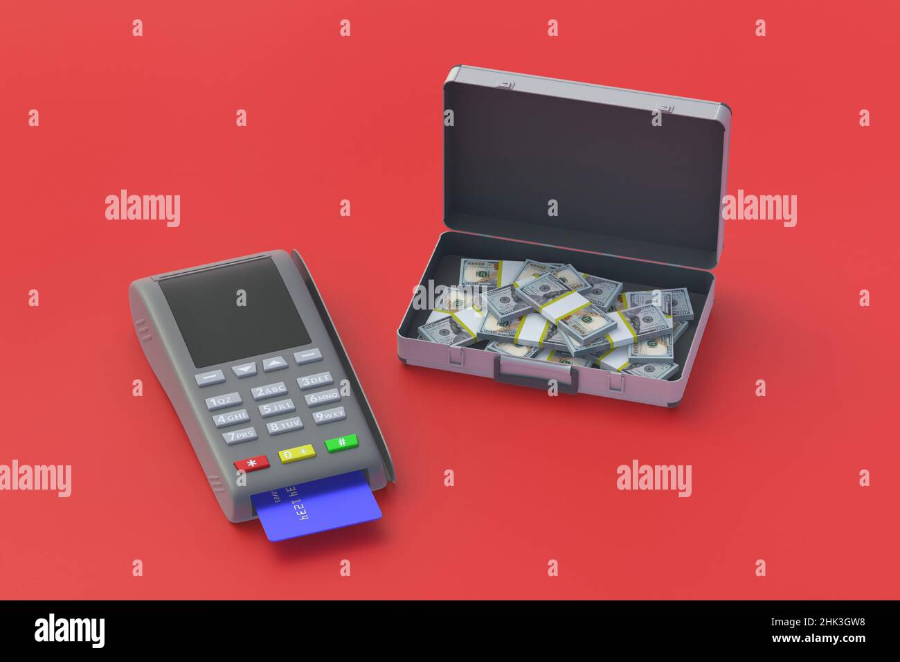 Portable cash register near suitcase with money. Cash and non-cash ...