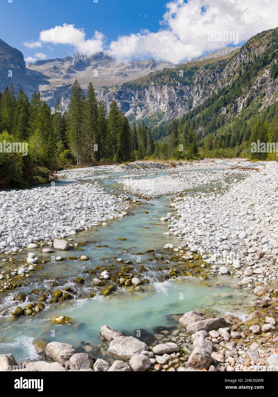River Sarca view towards Monte Mandrone. Val di Genova in the Parco ...