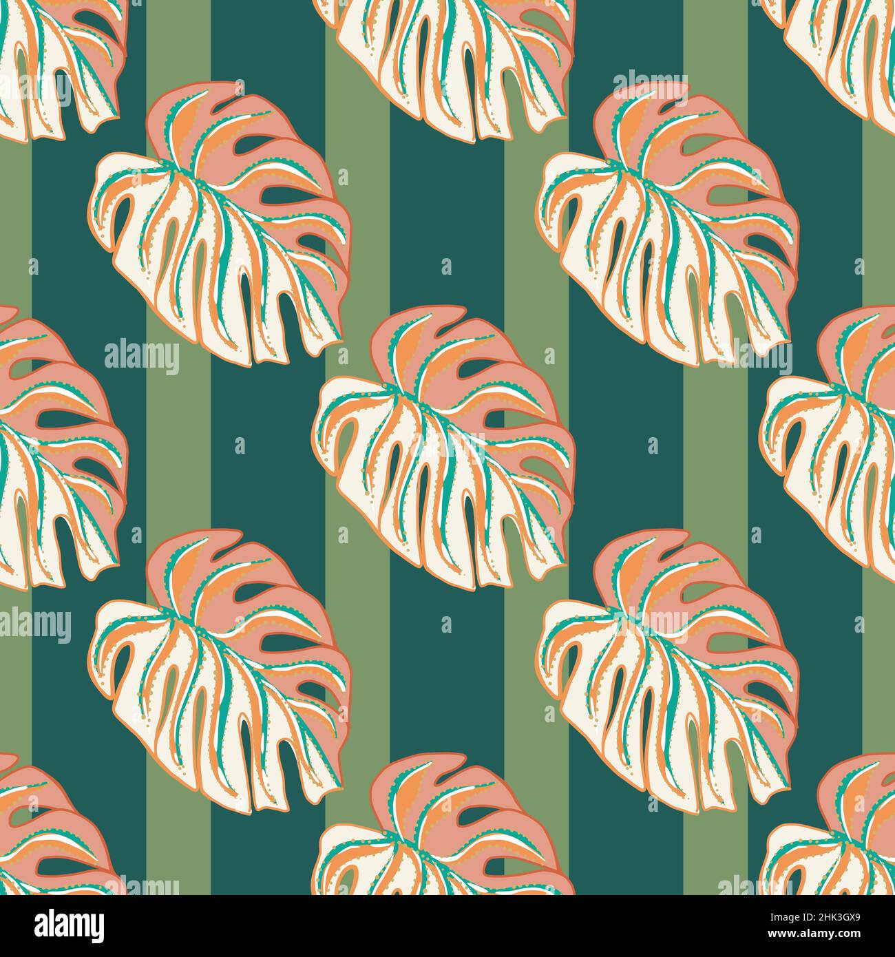 Pink hand drawn exotic monstera leaf silhouettes seamless pattern ...