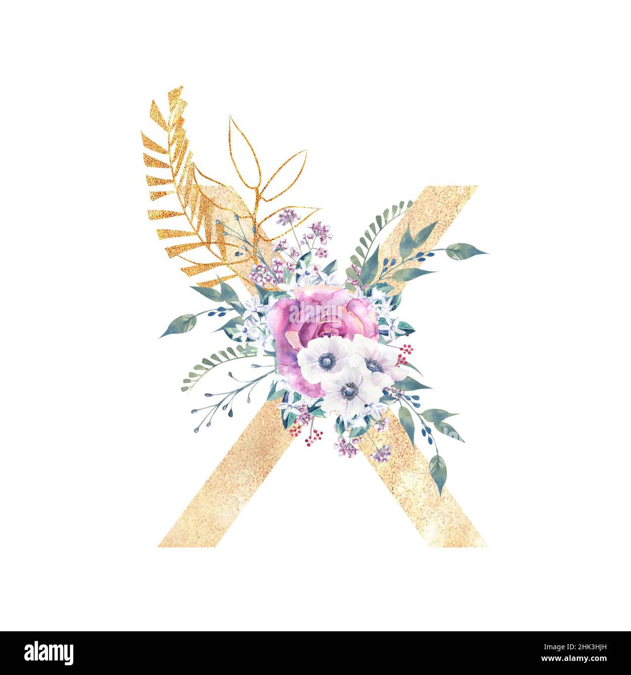 Golden letter x of the English alphabet with a bouquet of purple roses ...