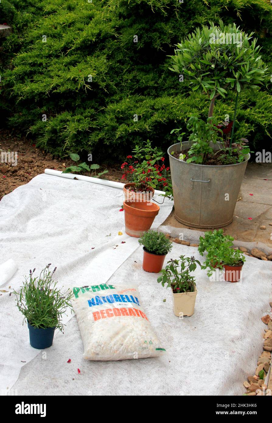 Preparation of a small garden with protective film for maintenance-free ...