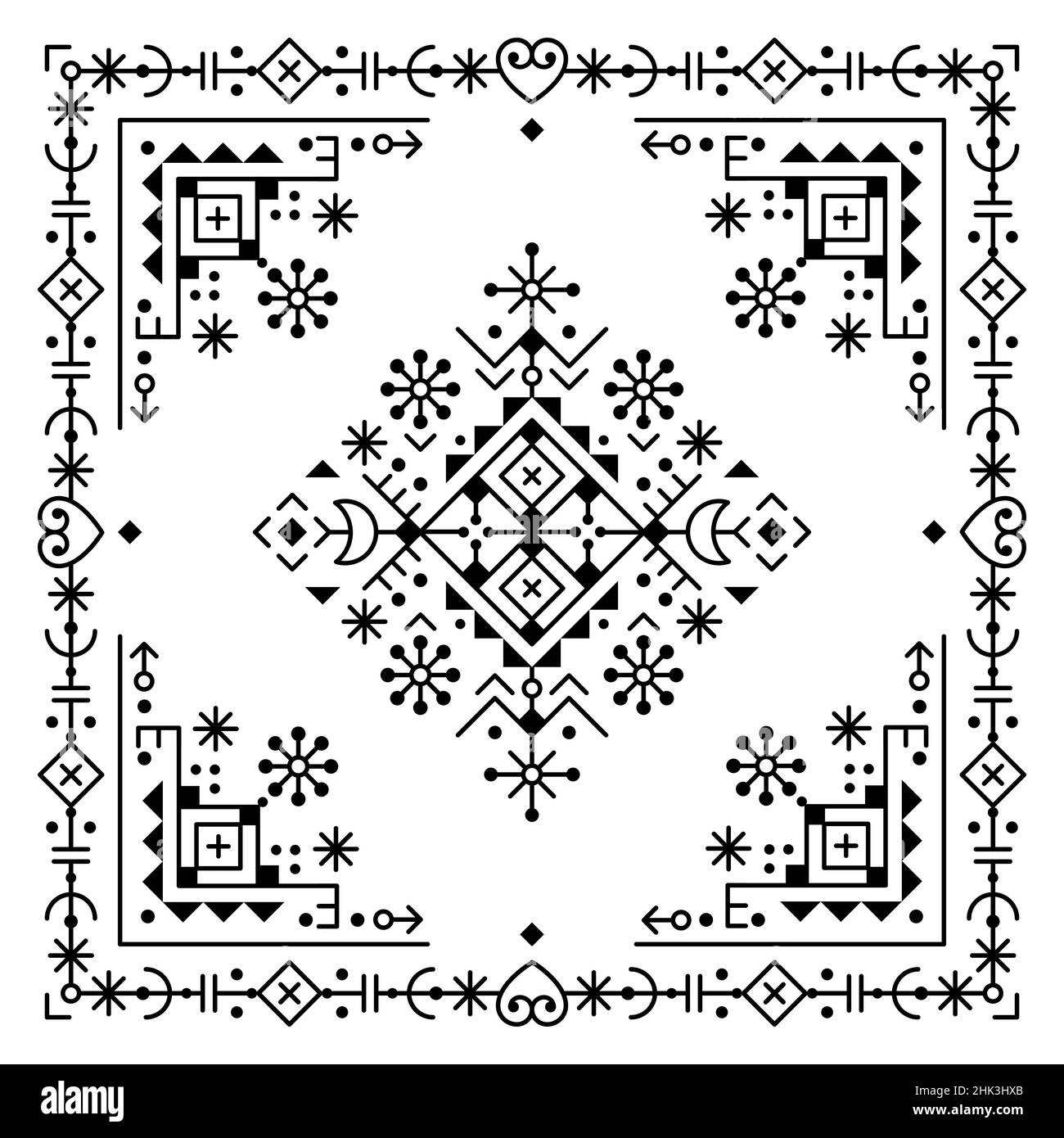 Nordic geometric tribal line art vector square pattern in frame ...